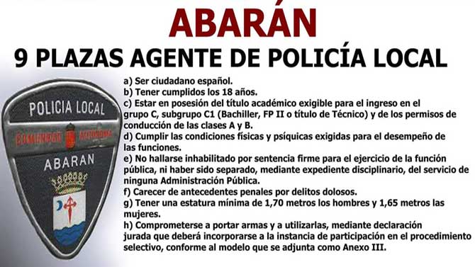 Publicadas las bases para nueve agentes de Policía Local en Abarán ...